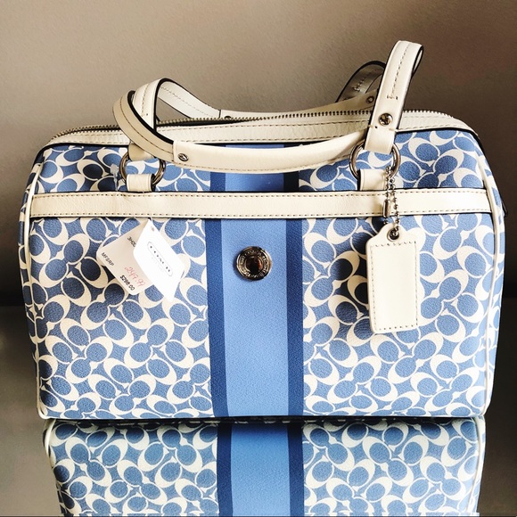 Coach | Bags | Coach Periwinkle Ble And White Monogram Barrel Bag ...